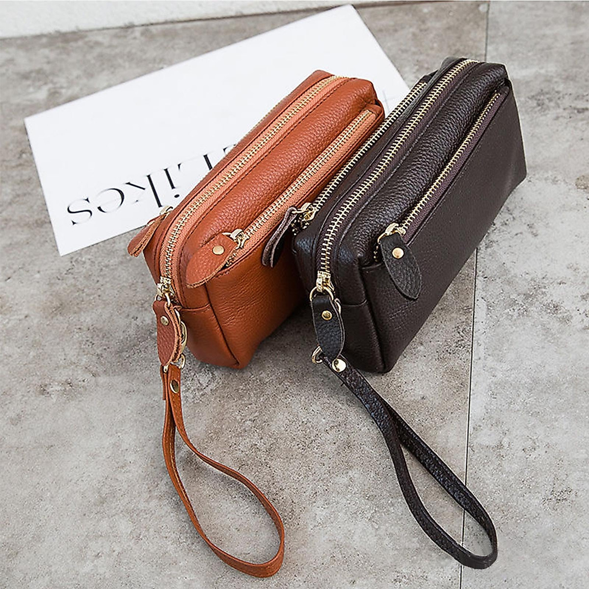 Genuine Leather Wristlet Clutch Wallet Purses for Women Small Crossbody Bags 7 Inch Shoulder Handbag 2 Straps, Coffe