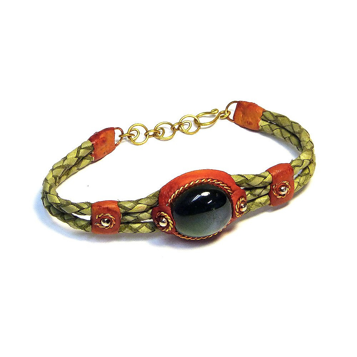 Mia Jewel Shop Round Glass Bead Cat's Eye Cabochon Braided Dyed Leather Bracelet - Womens Fashion Handmade Jewelry Boho Accessories (Olive)