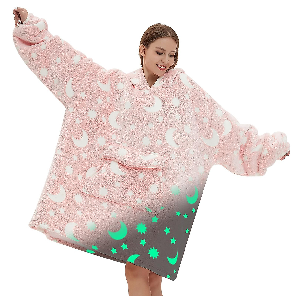 Glow in The Dark Wearable Blanket Hoodie for Adult,Oversized Sherpa Fleece Blanket Hoodie for Women Men,Luminous Moon and Stars