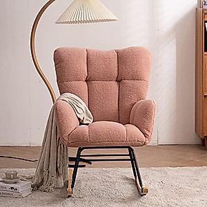 Krinana Teddy Fabric Nursery Rocking Chair, Rocker Armchair with Solid Wood Legs, Glider Chair Nursery with High Backrest for Living Room Apartment (Teddy Fabric,Pink)