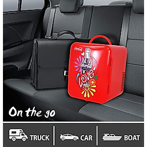 Coca Cola Love 1971 Series Portable 6 Can Thermoelectric Mini Fridge Cooler/Warmer, 4 L/4.2 Quarts Capacity, 12V DC/110V AC for home, dorm, car, Bedroom beverages, snacks, skincare, cosmetics