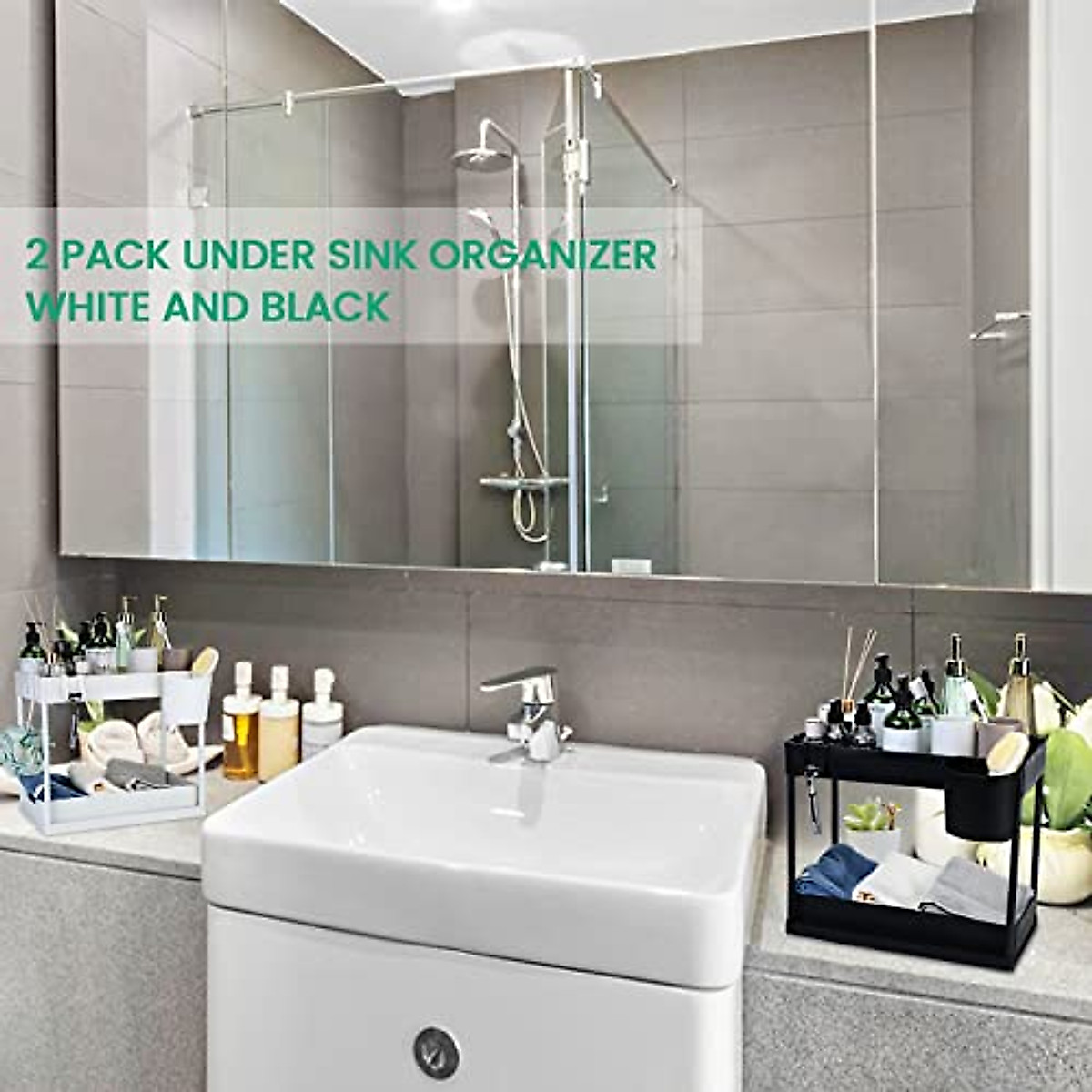 Qucover 2 Tier Under Sink Organizer, 2 Pack Bathroom Cabinet Organizers and Storage Sliding, Waterproof Kitchen Sink Organizer Under Cabinet Storage with Hooks, Hanging Cup, Black & White