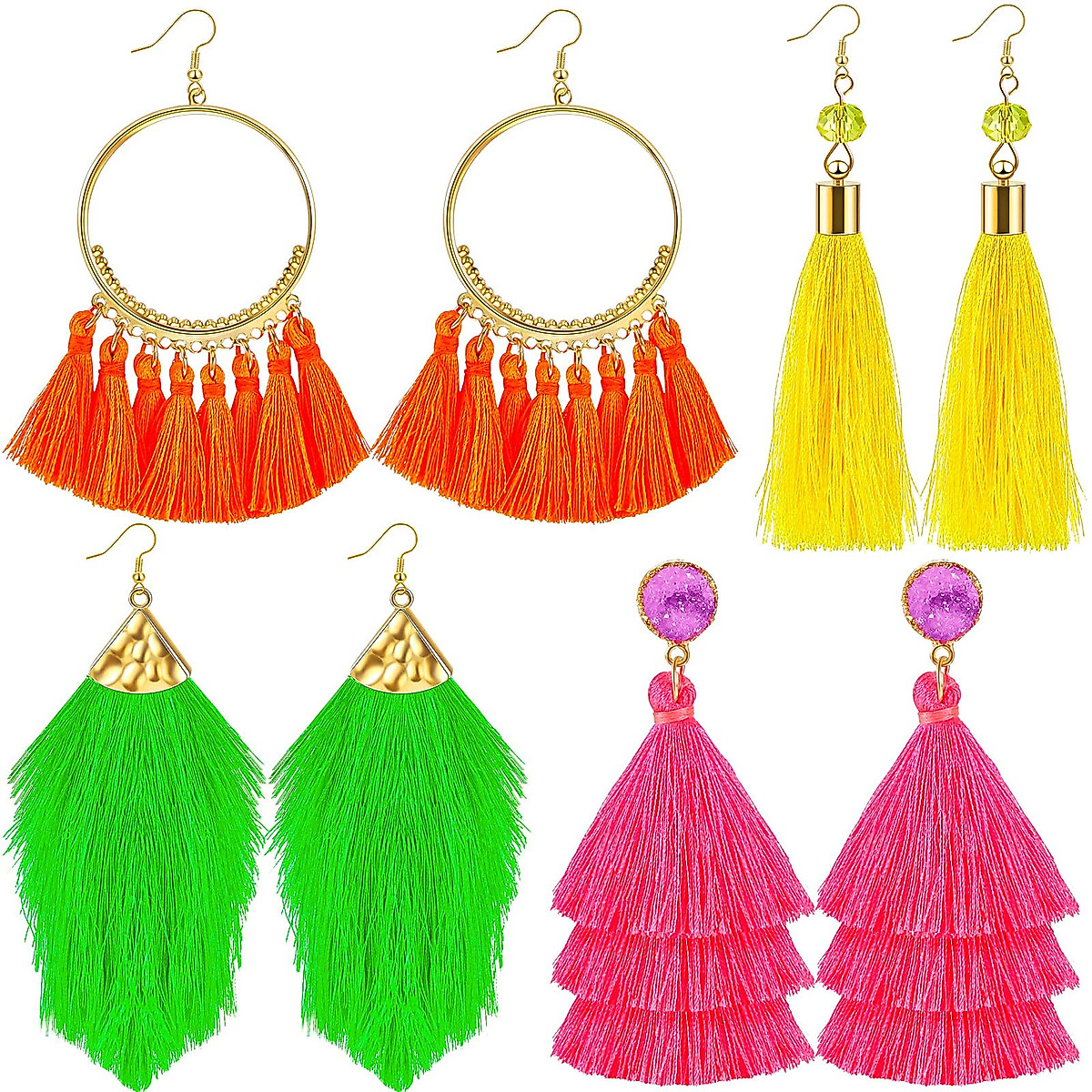 4 Pairs Neon Earrings for Women Tassel Earrings Neon Pink Earrings 80s 90s Dangle Colorful Layered Tassel Earrings for Women 80's Party Fringe Drop Earrings Girls Jewelry Birthday
