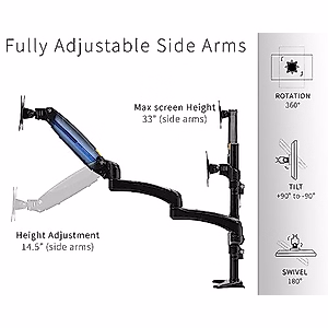 VIVO Triple Monitor Height Adjustable Desk Mount, 2 Pneumatic Arms, 1 Fixed, Counterbalance Stand, 17.6 lbs Weight Capacity per Screen, Max VESA 100x100, Fits up to 32 inch Screens, Black, STAND-V300G