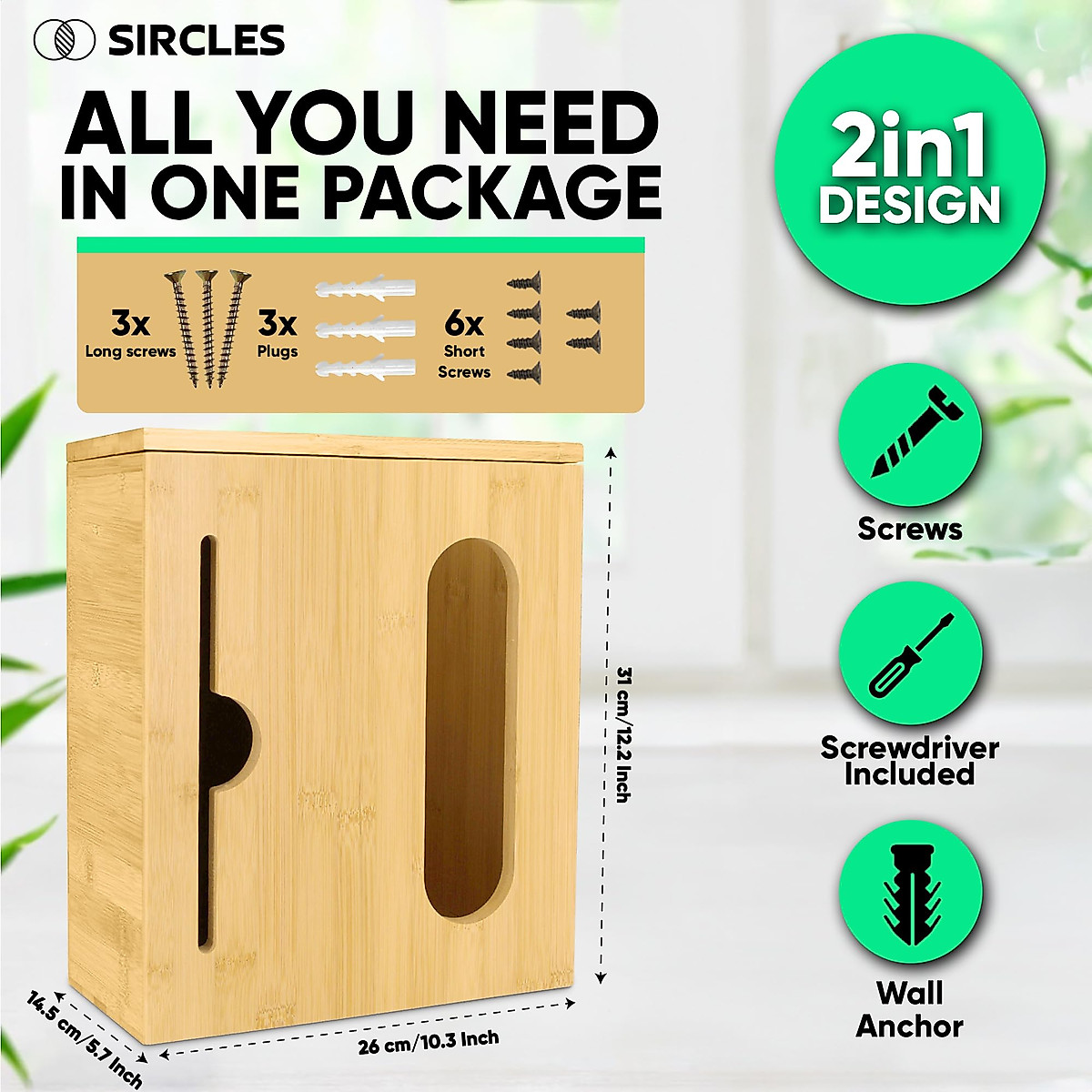 SIRCLES Trash Bag Dispenser Roll Holder - Grocery & Trash Bag Holder & Dispenser Organizer - Garbage Bag Holder with Bracket - Stylish Design - Includes Dispenser, Screws, Anchors & Mini Screwdriver