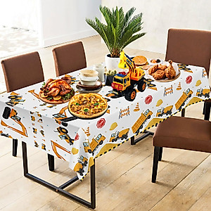 2 Pack Construction Table Cloth - Dump Truck Tablecloth, Plastic Disposable Rectangle Yellow Trucks Themed Table Cover for Construction Birthday Party Supplies Table Decorations Favors, 87 x 51 Inch
