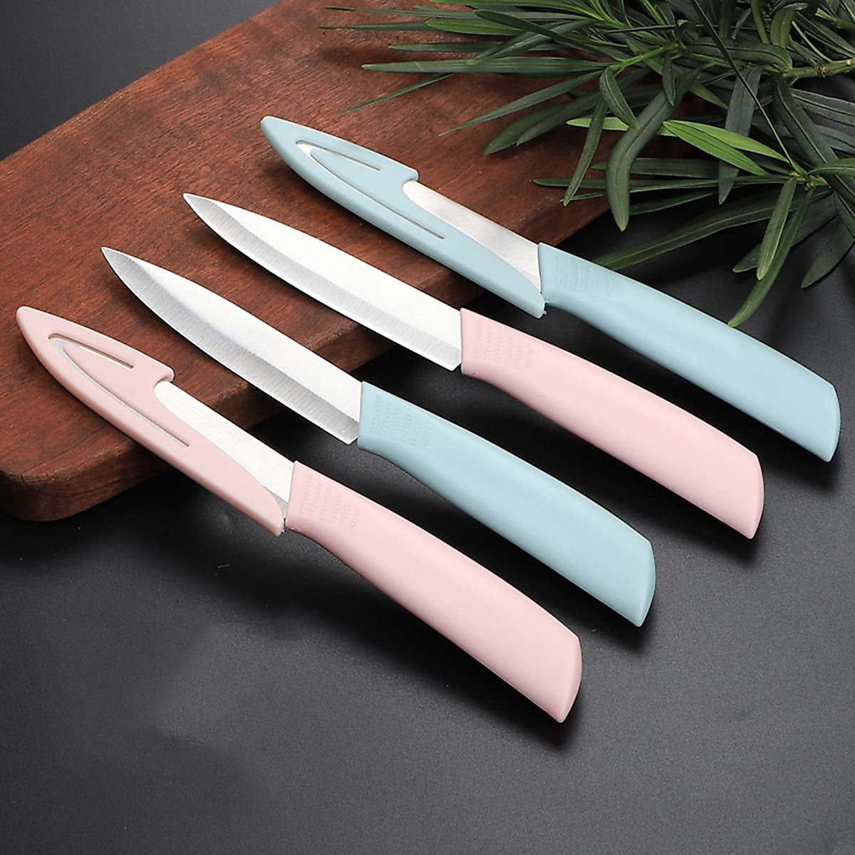 Lomgwumy Paring Knife, 4 Sharp and Durable Fruit Knife, with Scabbard, Exquisite and Beautiful, Fruit Knives Small is Suitable for Most Vegetables, Fruits and Meat (Pink and Blue)