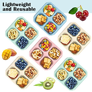 Korlon 6 Pack Snack Containers, 4 Compartments Snack Boxes for Kids, Wheat Straw Meal Prep Reusable Food Storage Lunch Containers for Adults & Kids