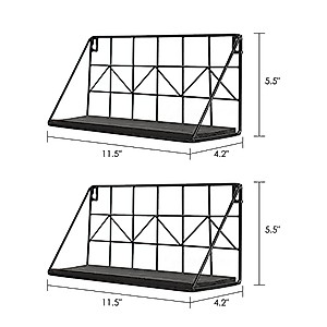 TIMEYARD Floating Shelves Wall Mounted, Set of 2 Black Wire Metal Wood Shelves, Modern Arrow Design Storage Shelf for Photo Frames, Small Plants, Bedroom, Dorm, Living Room, Bathroom, Kitchen, Small