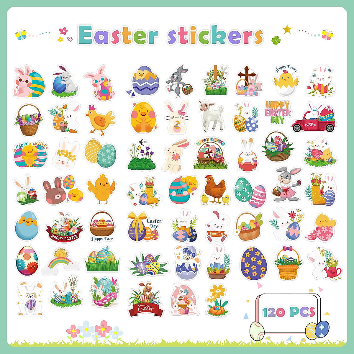 OHOME Easter Stickers | 120 PCS for Kids - Egg Stuffers, Vinyl Games Crafts Activities Party Favors - Basket Stuffers - Gifts for Boys Girls