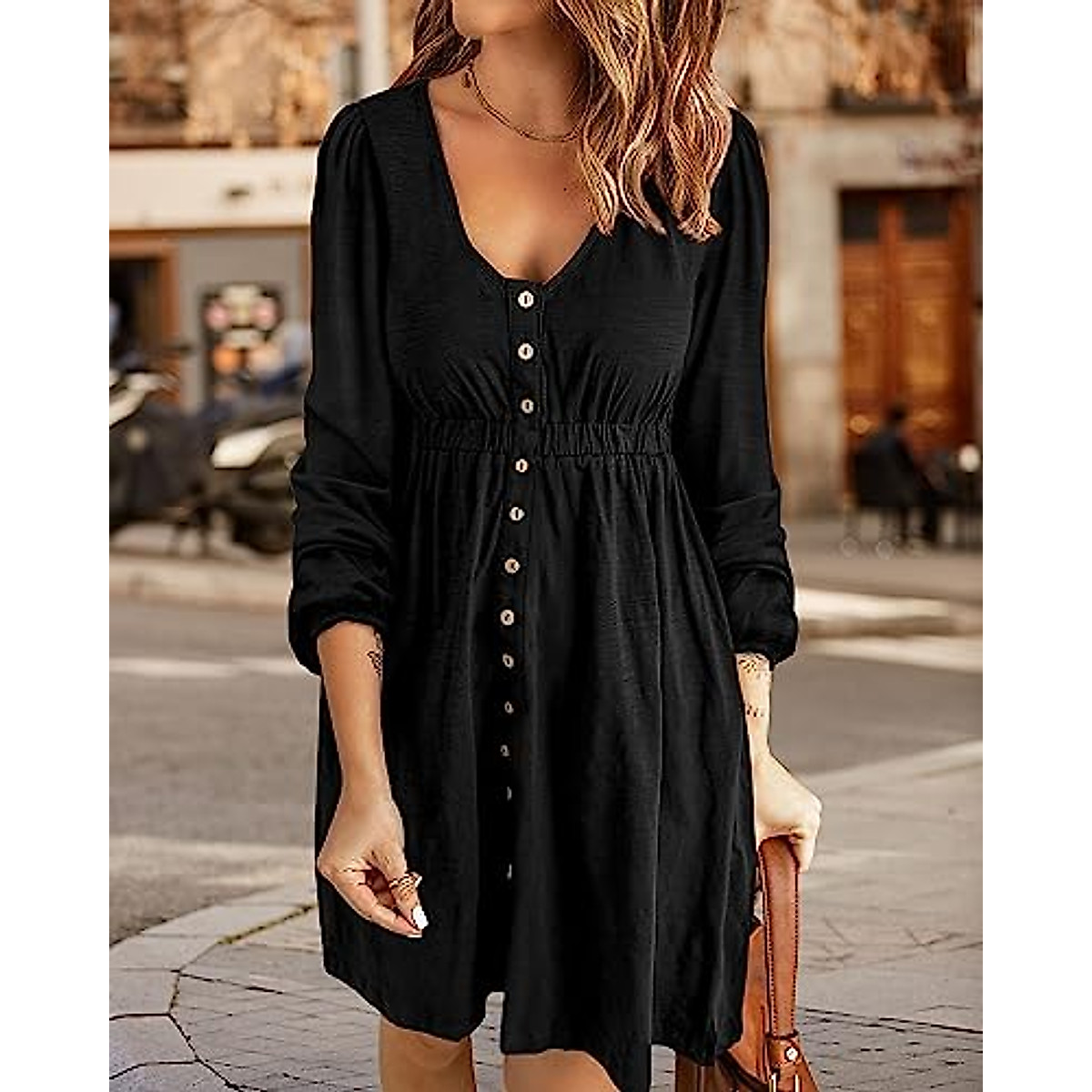BTFBM Women 2023 Casual Button Down Summer Fall Dresses Long Sleeve Crew Neck Solid High Waist Short Tunic Mini Dress(Long Buttons Black, Medium)