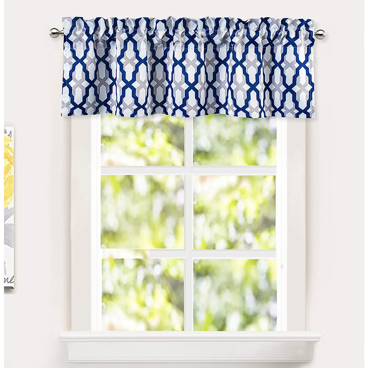 DriftAway Mason Geometric Trellis Pattern Window Curtain Valance Rod Pocket 52 Inch by 14 Inch Plus 2 Inch Header Navy