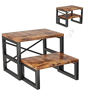 Homeiju 2 Tire Step Stools for Adults Kids Toddler, Wooden Step Stool, Kitchen Bathroom Bedroon Stepping Stool, Detachable Holds up to 400lb