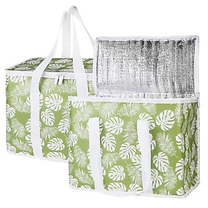 Bodaon 2-Pack Insulated Reusable Grocery Shopping Bags, X-Large Picnic Cooler Bag with Zipper Zippered Top Cold, Green-Leaf