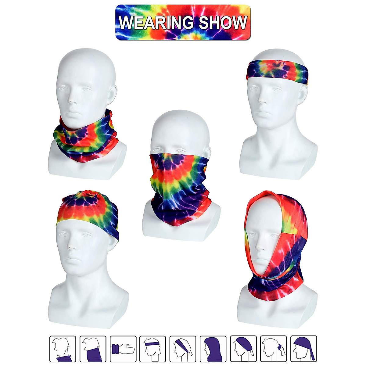 9 Pieces Hippie Tie Dye Bandana Headband Hippie Costume Set Hippie Non Slip Head Tie Hippie Neck Gaiter Gay Pride Rainbow Sun Protection Face Mask Balaclava for 60s 70s Hippie Accessories