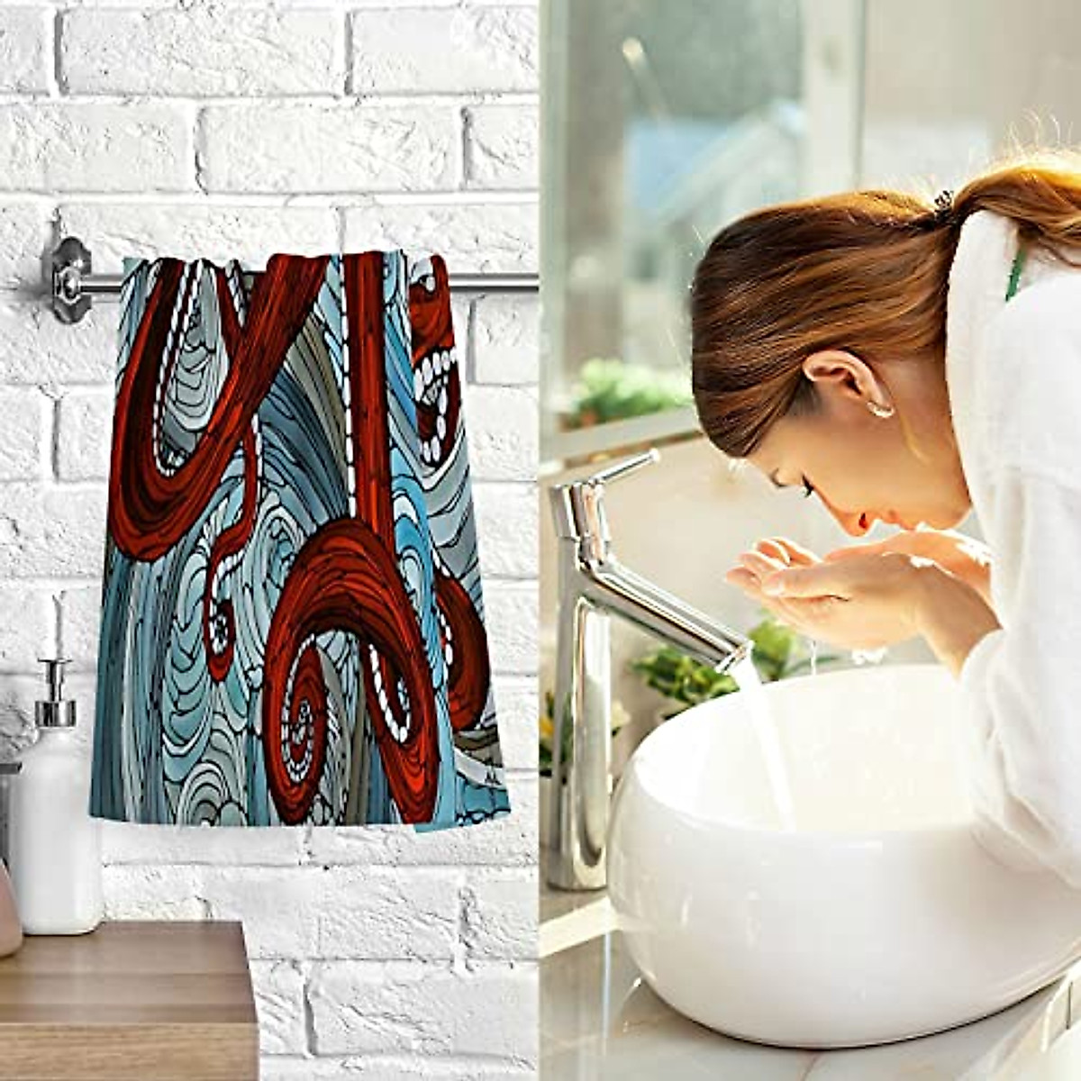 Blueangle Wavy Red Octopus Print Pure Cotton Hand Towels for Bath Decorative Guest Towels Fingertip Towels for Bathroom Spa Gym, 2-Piece, 16 x 28 inches（369）