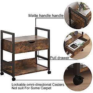 TigerDad Mobile Printer Stand with Storage Drawer, Utility Carts with Wheels, File Cabinet Workspace Desk Organizer Shelf for Home Office