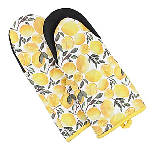 Sage+Stitch Heat Resistant Designer Kitchen Oven Mitts with Neoprene Non-Slip Grips and Hanging Loops | Set of 2 100% Cotton Long Sleeve Kitchen Oven Mitts | 5.5" x 12" | Yellow Lemons