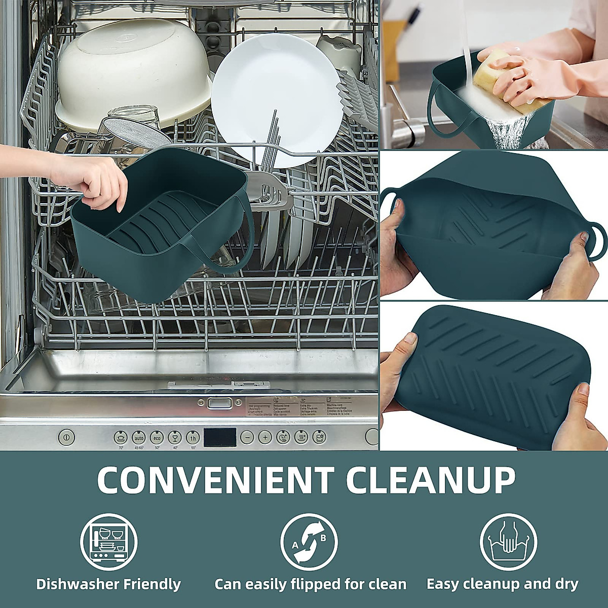 Air Fryer Liner - Ninja Air Fryer 2 Baskets, Reusable Air Fryer Liner for Ninja Foodi Dual DZ201 8QT, Rectangular Air Fryer Silicone Pan for Air Fryer Accessories, Extended Hand Drawer (Dark Green)