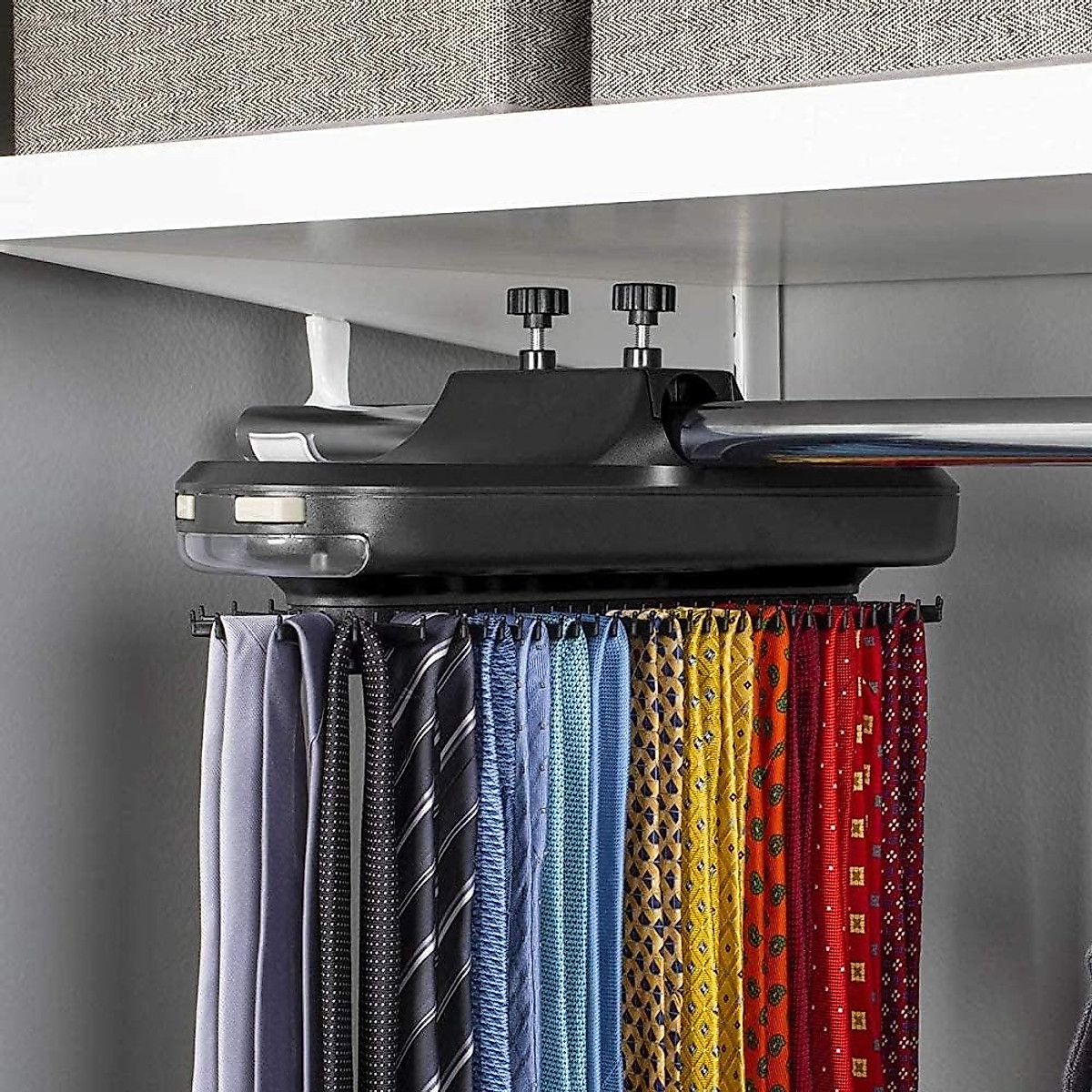 Motorized Tie Rack with LED Lights, Stores Up to 64 Ties - Closet Organizer, Great Gift Idea. Automatic Rotation and Operates with Batteries (Batteries Included)