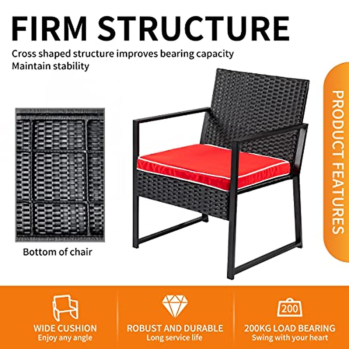 Aug-guan Patio Furniture Set,Wicker Bistro Set 3 Pieces Outdoor Furniture,Rattan Table and Patio Chairs Set for Balcony,Yard,Porch and Deck-red