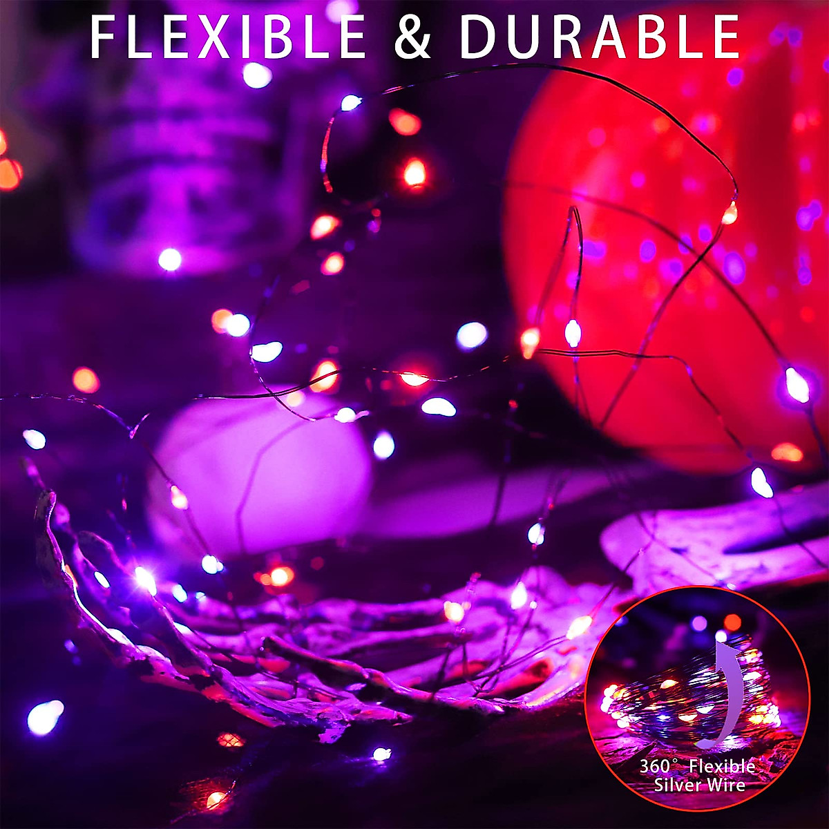 YAOZHOU Halloween Decorations Outdoor Lights, Solar String Lights Purple Orange IP67 Waterproof 2 Pack Total 200 LED 66FT 8 Modes Fairy Lights, Outside Fall Decor for Tree, Garden, Patio, Fence, Lawn