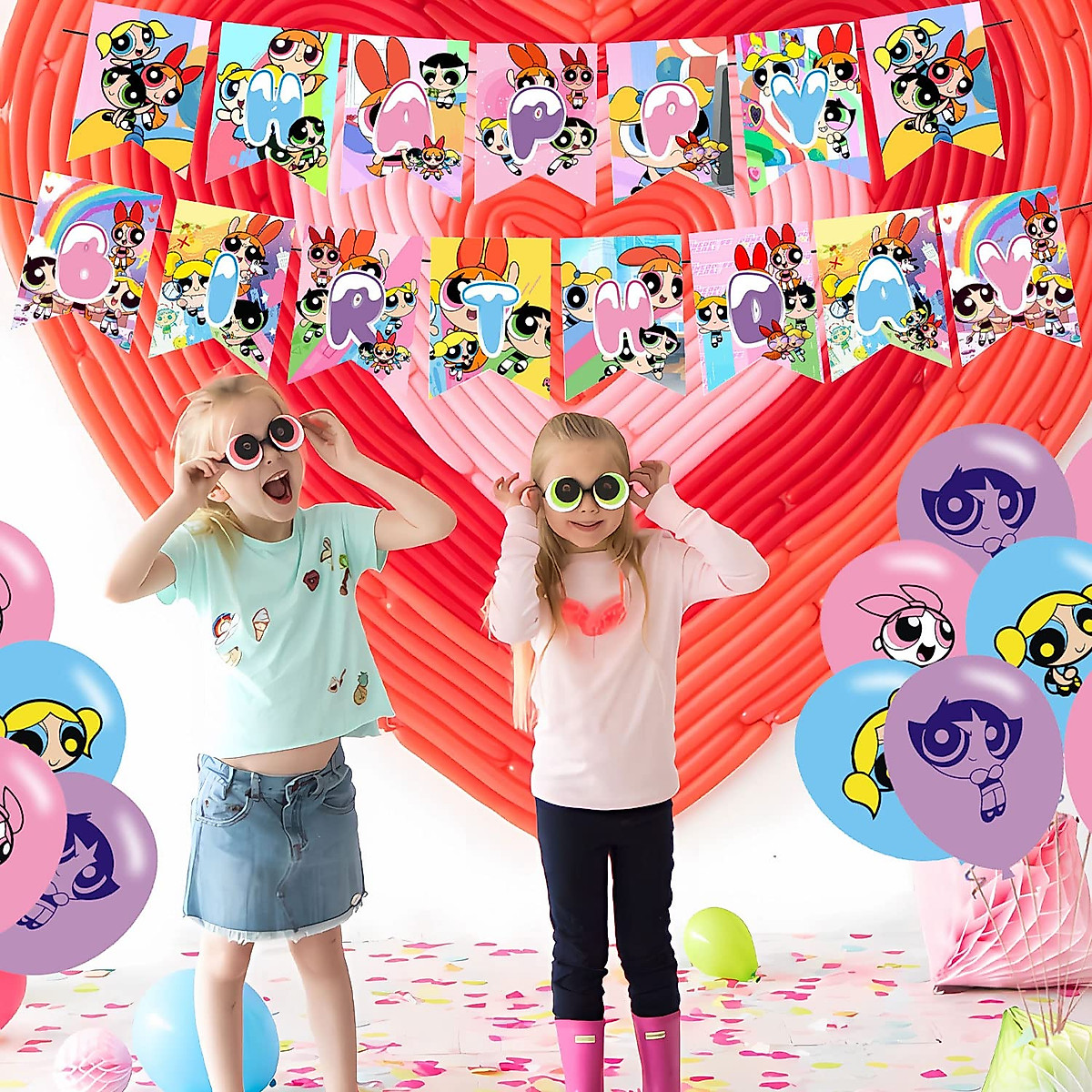 Powerpuff Girls Birthday Party Decoration, Powerpuff Girls Include Kawaii Cartoon Theme Birthday Banner, Cake Topper, Latex Balloons for Kids Birthday Party Supplies, Baby Shower
