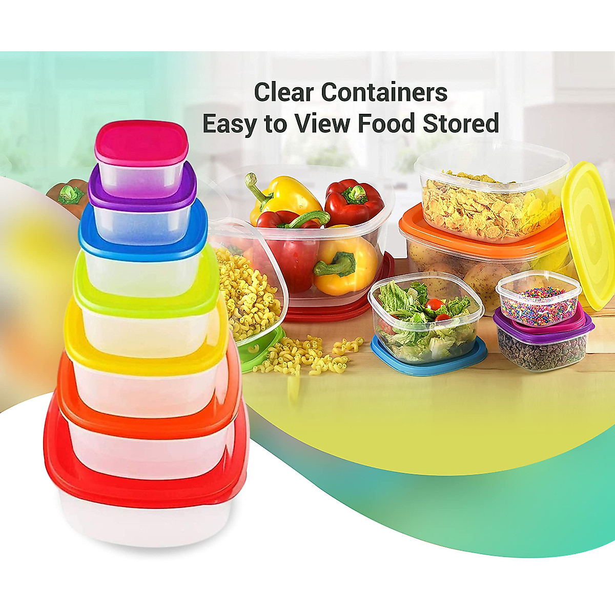 ARSUK Plastic Food Containers Set with Airtight Lids 7 PCs, Kitchen Storage Organization Stackable Containers for Lunch Snacks Sandwich Sauces, BPA Free Microwave Freezer Dishwasher Safe