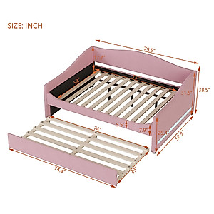 Jintop Teddy Fleece Full Size Upholstered Daybed with LED Light and Trundle,Modern Wood Platform Bed W/Side Stripes,Easy Assembly,for Bedroom,Living Room,Guestroom,Pink