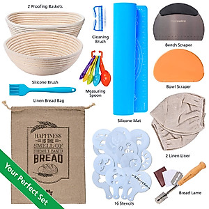 HOMEADOW Banneton Bread Proofing Basket - Perfect Gift - 11 Pcs Kit: 10' Oval + 9' Round Brotform, Liner, Bread Lame, Bench Scraper, Dough Scraper, Stencils, Baking Mat, Bread Bag, Brush | Sourdough
