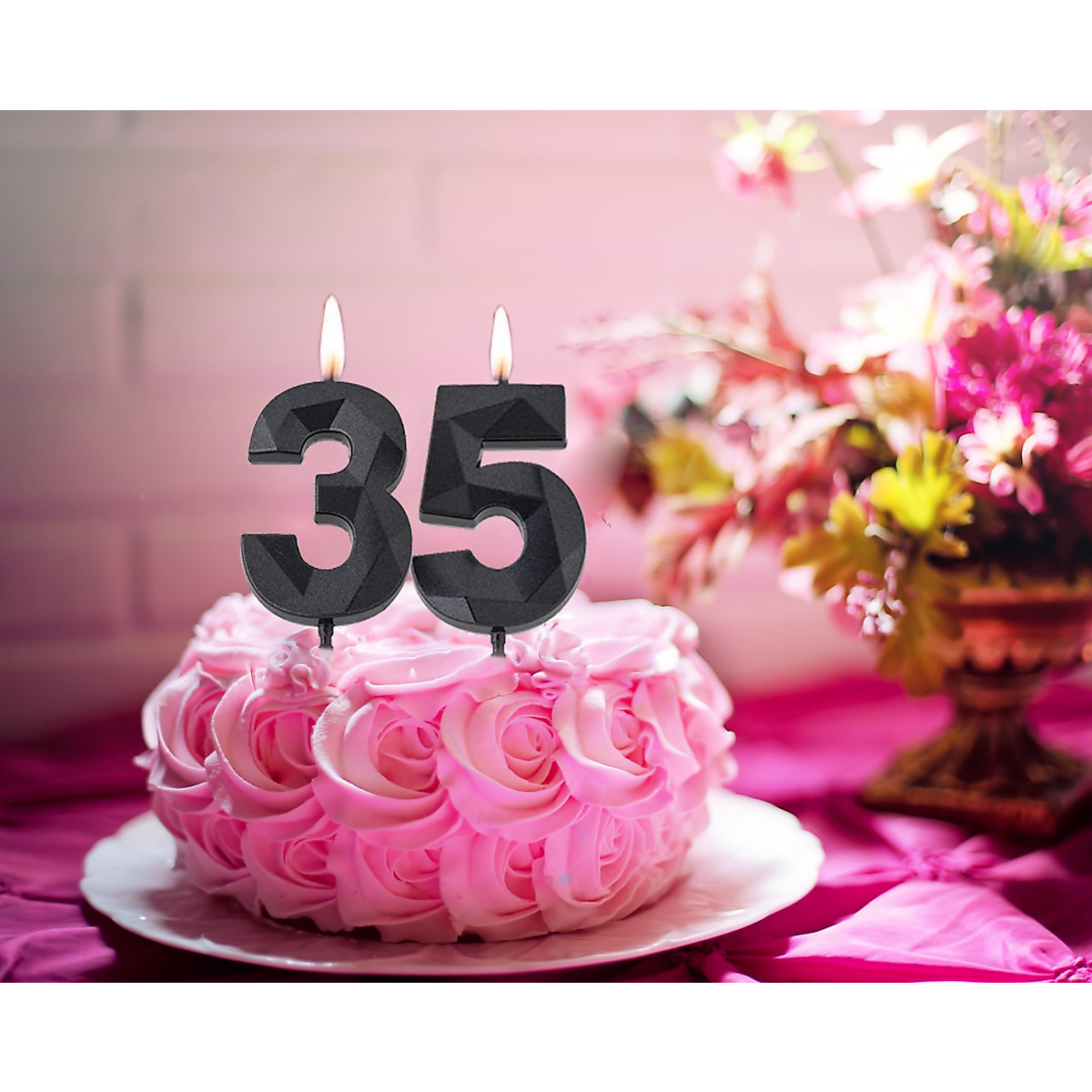 2 inch Black 35 & 53 Birthday Candles, 3D Diamond Number 35th & 53th Cake Topper for Men Women Birthday Party Decorations Theme Party