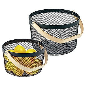 mDesign Farmhouse Metal Storage Organizer Basket Bin with Wood Handles - for Bathroom, Office, Entryway, Closet, Cabinet, Bedroom, Laundry Room, Nursery, Kids Toy Room, Set of 2 - Black