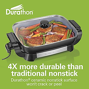 Hamilton Beach Electric Skillet with PFAS-Free Durathon Ceramic Coating, Removable 12x15” Pan, Adjustable Temperature, Reversible Design, Tempered Glass Lid, Black Nonstick Surface (38531)