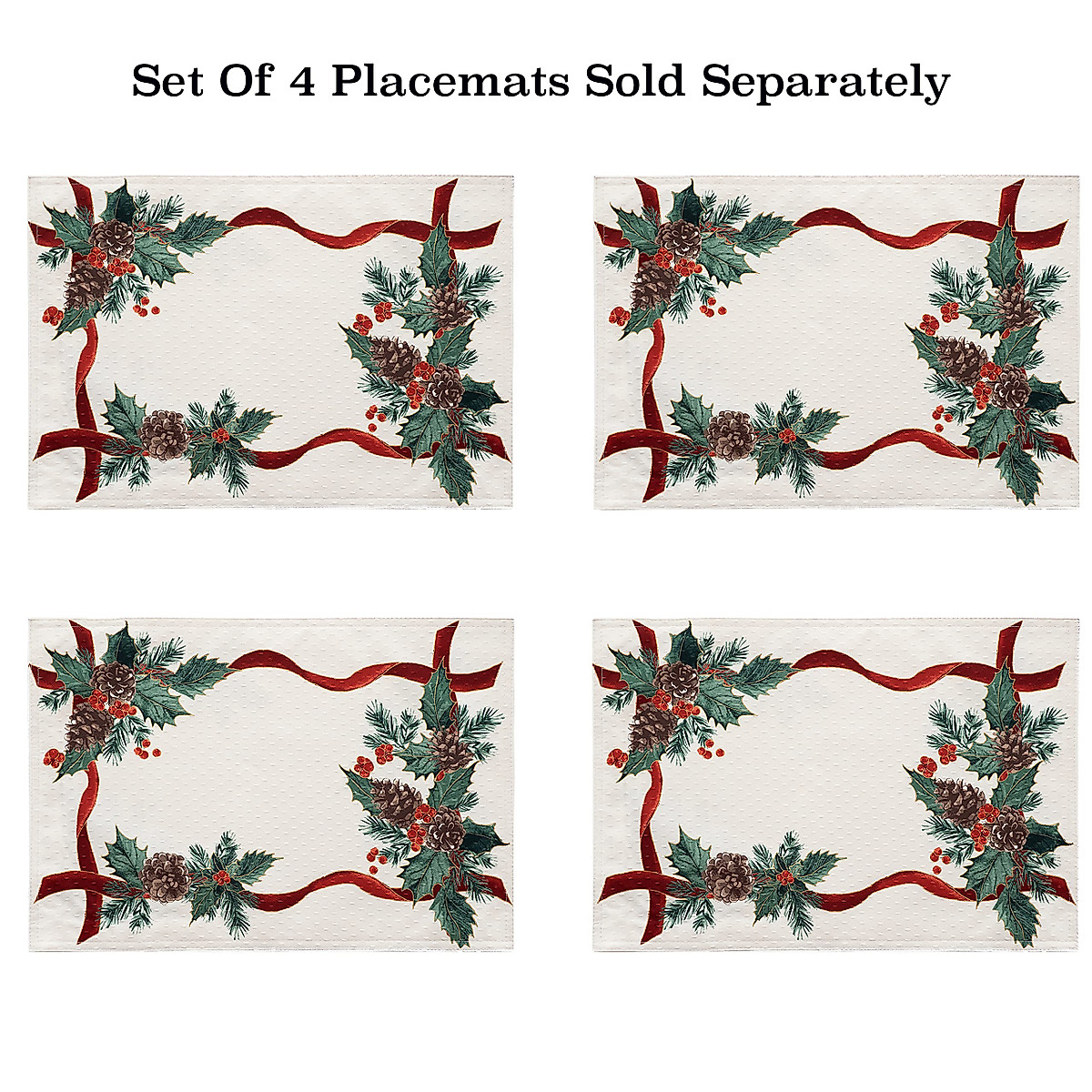 Lintex Evergreen Garland Double Ribbon Bordered Cottage Christmas Tablecloth, Holly and Pine Cone Country Xmas Holiday Easy Care Fabric Tablecloth, 52 Inch x 52 Inch Square