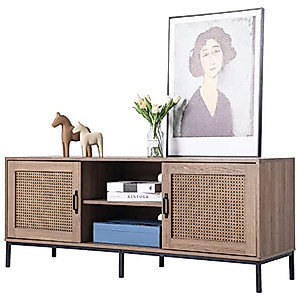 BIRASIL Industrial TV Stand, Wood TV Cabinet with Rattan Doors, Entertainment Center with Storage, Rustic Television Stands for TVs up to 60 inch for Living Room (Natural Oak, 56 Inch)