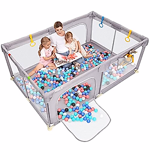 Dripex Baby Playpen, 71*47 inch Baby Playards with Zipper Gates, Kids Play Pen, Safe No Gaps, See-Through mesh, Play Pens for Babies and Toddlers, Baby Gate Playpen, Baby Fence (Grey )