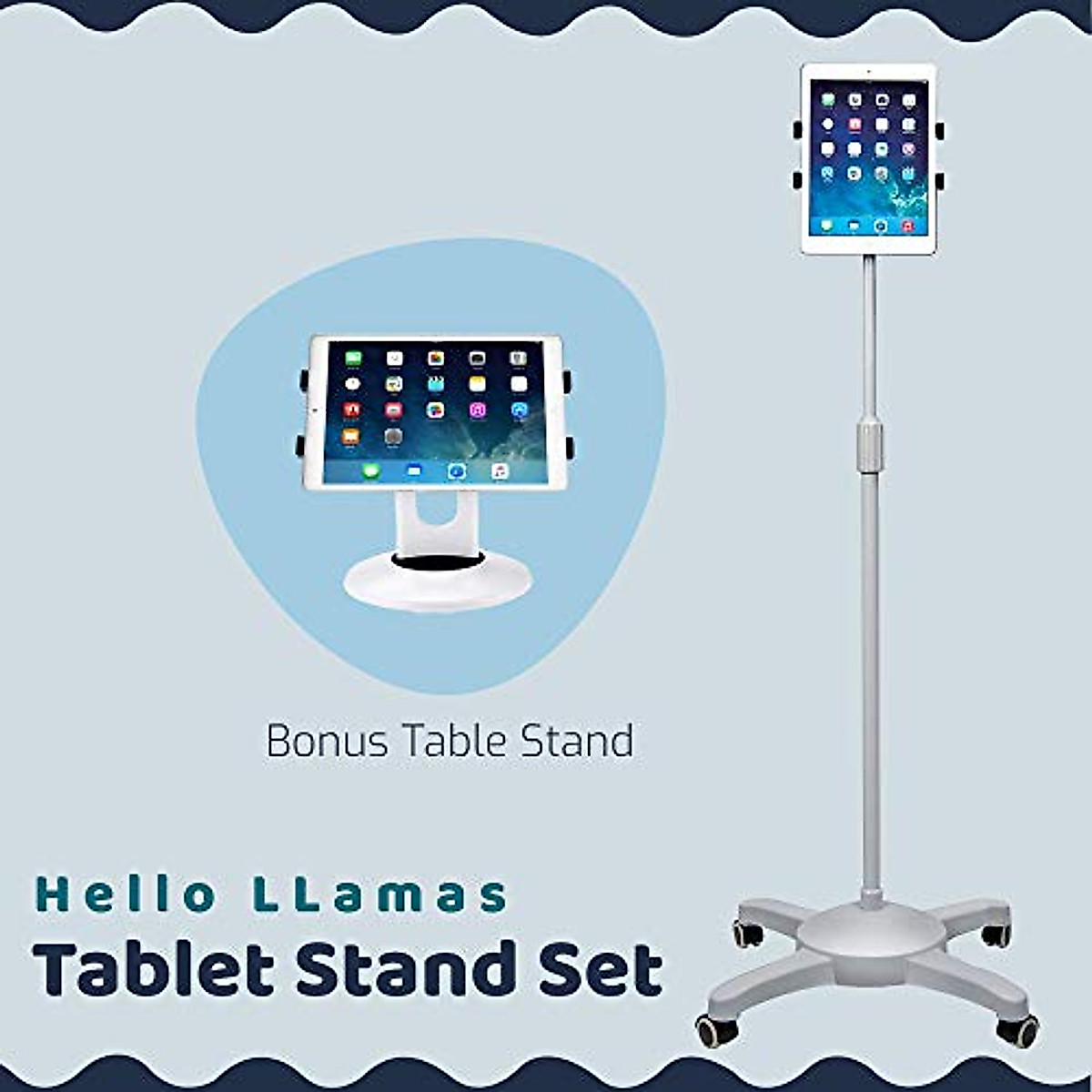 Hello LLamas Tablet Stand Holder with Wheels + Table Top Holder for Ipad- Extra Tall - Heavy Duty Multi Angle Adjustable - for School, Meetings, Education, Web Casts, Video Recordings