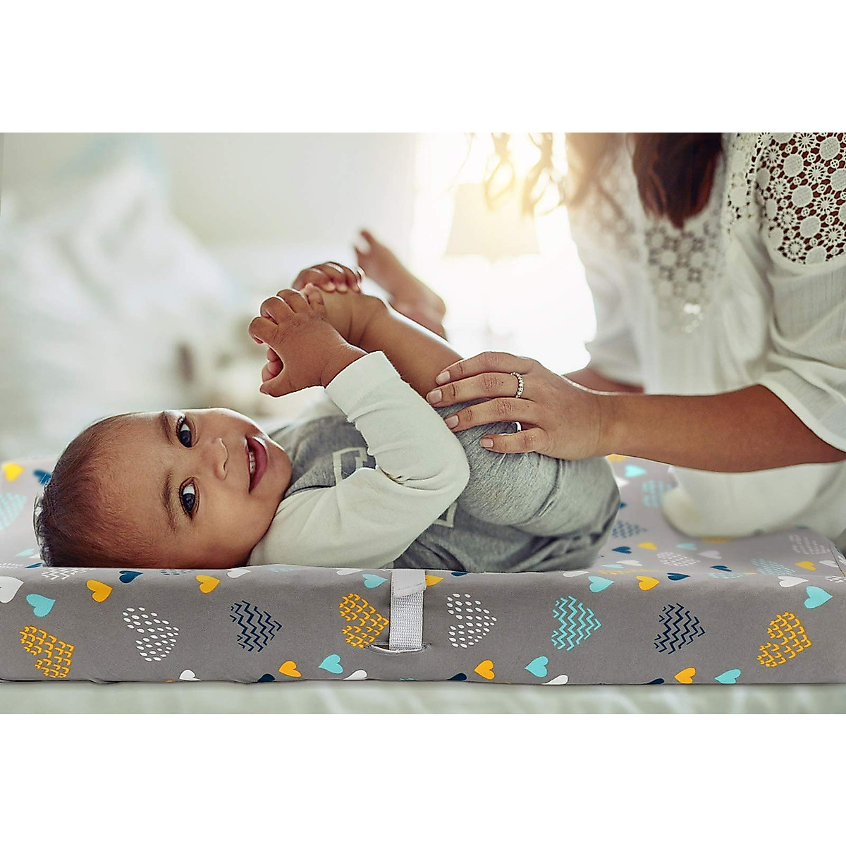 COSMOPLUS Stretch Fitted Changing Pad Cover 2 Pack Stretchy Changing Table Pad Covers for Boys Girls, Heart Pattern