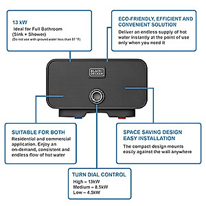 BLACK+DECKER 13kW / 240-V Tankless Electric Water Heater with Pressure Relief Device, Ideal for a Full Bathroom