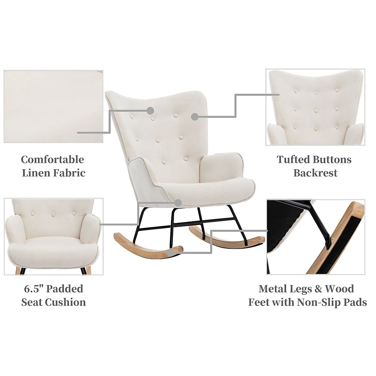 Accent Rocking Chair with Ottoman, Modern Tufted Button Wingback Glider Rocker Armchair with Solid Wood Legs, Beige