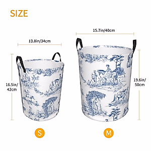 Laundry Hamper With Handles-Unique Toile Design Blue Laundry Basket-Round Storage Bin Dirty Clothes Basket
