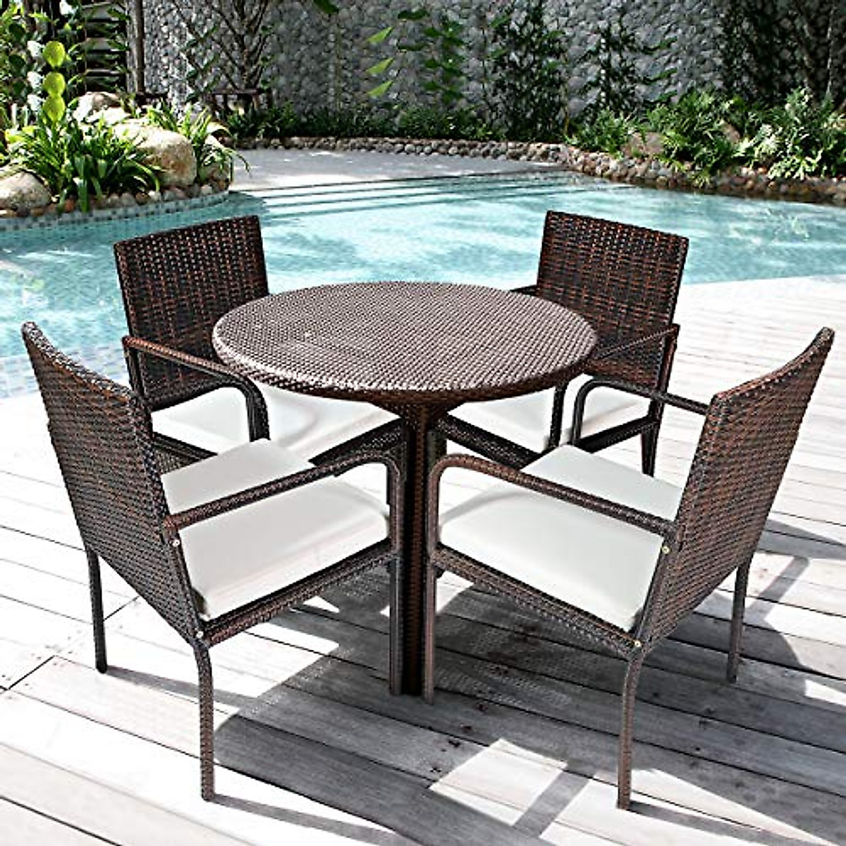 PATIOJOY Outdoor Patio Wicker Chairs Set of 4, with Heavy Duty Steel Frame and Soft Cushions, All Weather Resistant Outdoor Dining Set, Suitable for Poolside, Garden, Balcony and Lawn (Brown)