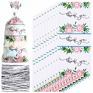 Zonon 100 Pieces Thank You Cellophane Bags Blessing Treat Bags Flower Pattern Cello Treat Party Bags with 150 Pieces Silvery Twist Ties