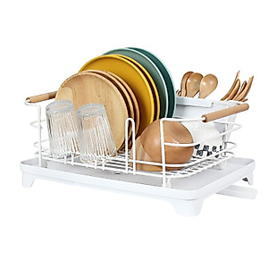 BRIAN & DANY Dish Drying Rack, Dish Racks for Kitchen Counter, Stainless Steel Dish Drainer with Cutlery Holder & Drainboard, 15.5"x 11.8"x 8.58", White
