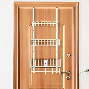 Over The Door Basket Organizer 3 Tier Hanging Kitchen Storage Rack Heavy Duty Pantry Organizer with 3 Basket and 5 Hooks Door Back Metal Wire Basket for Kitchen, Bathroom, Office, White