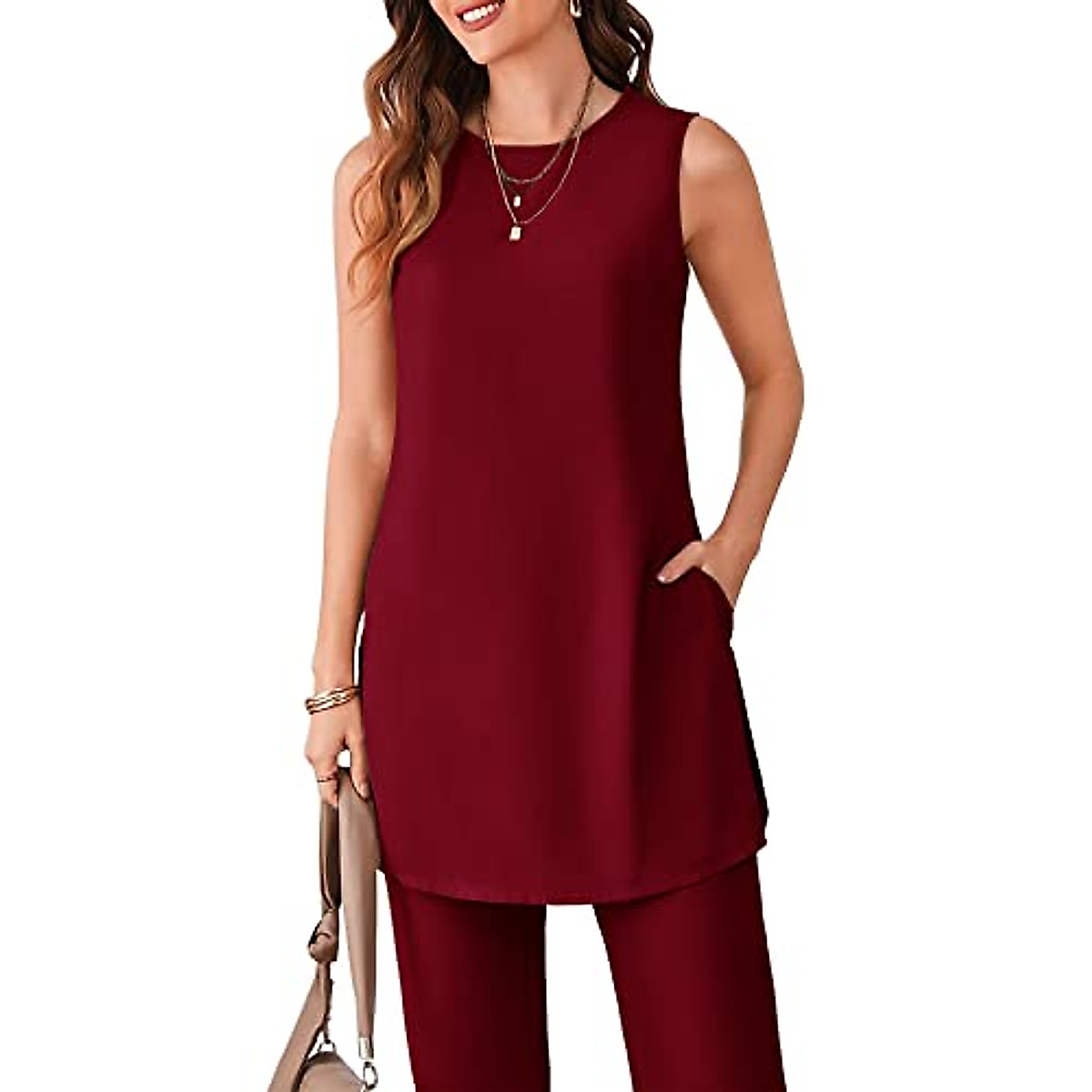 Zongqiven Women's Summer Pant Suit for Work Two Piece Outfits Tops & Pants Set Red