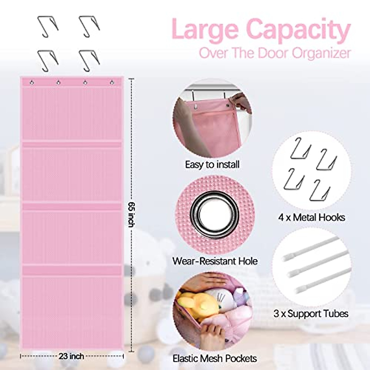 Stuffed Animal Storage, Over The Door Organizer Storage for Closet, Baby, Plush Toy, Stuffed Animal Holder with 4 Large Pockets, Hanging Door Organizer for Nursery, Bedroom, Bathroom, Kids Room (Pink)