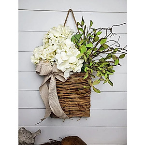 Cream Hydrangea Door Hanger Basket Wreath, 2025 New Wildflowers Door Hanging Basket Wreath, Front Door Beautiful Artificial Spring and Summer Wreath Welcome Sign, Home Porch Farmhouse Decor (A)