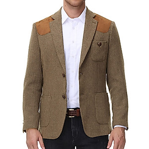 Men's Formal Tweed Patchwork Blazer 2 Button Wool Blend Sport Coat Coffee L