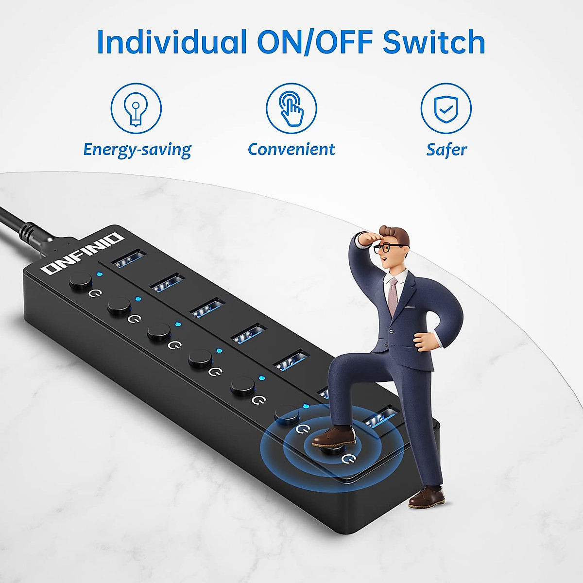 ONFINIO USB Hub, 7 Port USB Hub 3.0 with 3.3ft USB Cable Multiple Port with Individual LED On/Off Switches USB Splitter for Laptop & PC